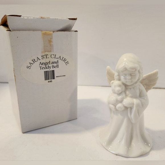 Holiday | Vintage Sara St Claire Angel And Teddy Bear White Bell With ...